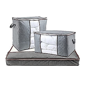 Large Storage Bags, 3 Pack Clothes Storage Bins Foldable Closet Organizers Storage Containers with Durable Handle Thick Fabric , 3 Size Of Under Bed Storage, Foldable With Sturdy Zipper, Clear Window, for Comforters, Blankets, Bedding, 90L (Gray)