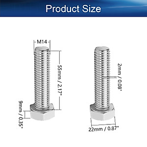 Yinpecly M14-2 x 55mm Hex Bolt Hex Flat Head Cap Bolts Screws for High-pressure Flow Pump Impellers Silver 2pcs