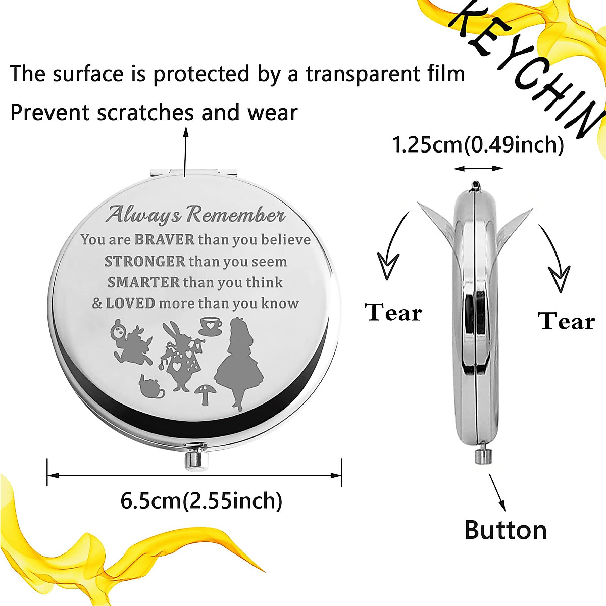 KEYCHIN Princess Pocket Mirror Fairy Tales Gift Always Remember You are Braver Stronger Smarter Than You Think Compact Makeup Mirror for Women Girls Teenagers (A Princess-S)