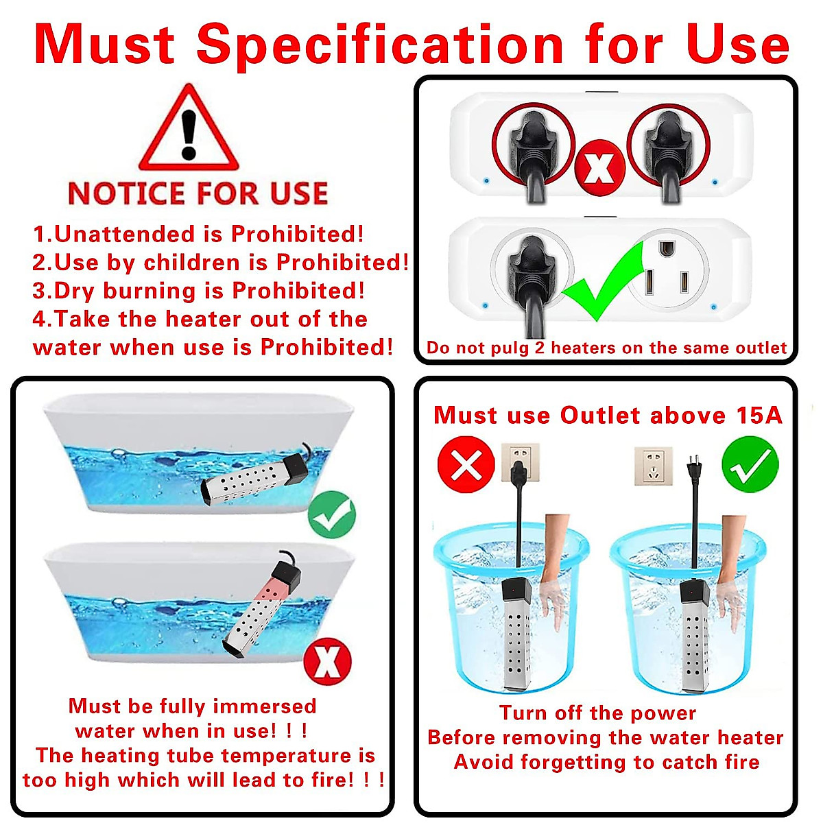 Memoryee Immersion Water Heater 2000W Square Electric Portable Water Heater with Digital LCD Thermometer,Stainless Steel Guard Submersible Heater for Bucket/Tub/Mini Pool/Basin