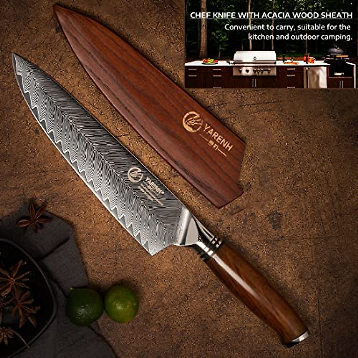 YARENH Damascus Chef Knife 8 Inch with Sheath, Professional Kitchen Knife, 73 Layers Japanese Damascus High Carbon Steel, Full Tang Sandalwood Handle, FYW Series