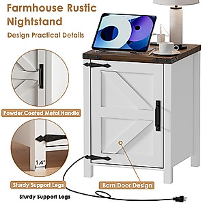 PakaLife Farmhouse End Table with Charging Station, 17.7" Side Tables Living Room with Barn Door & Adjustable Shelf, Bed Side Table/Nightstand w/Magnetic Door for Bedroom