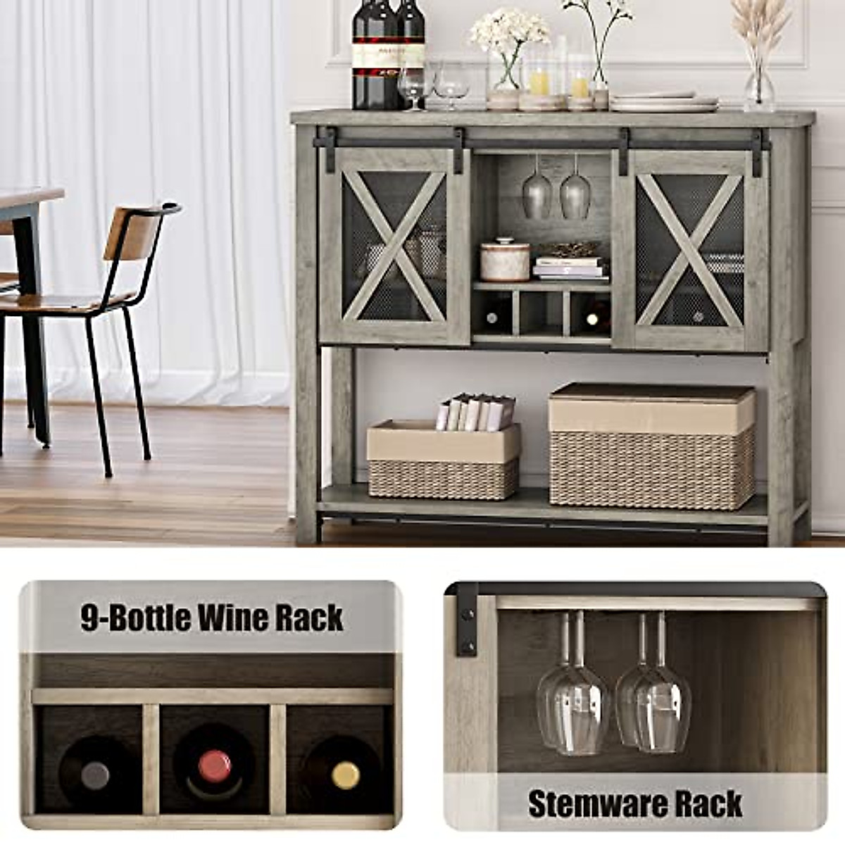 IDEALHOUSE Buffet Storage Cabinet Farmhouse Wine Cabinet Coffee Bar Table with Wine Glass Rack and Storage, Wood Buffets and Sideboards with Barn Mesh Door for Kitchen, Dining, Living Room