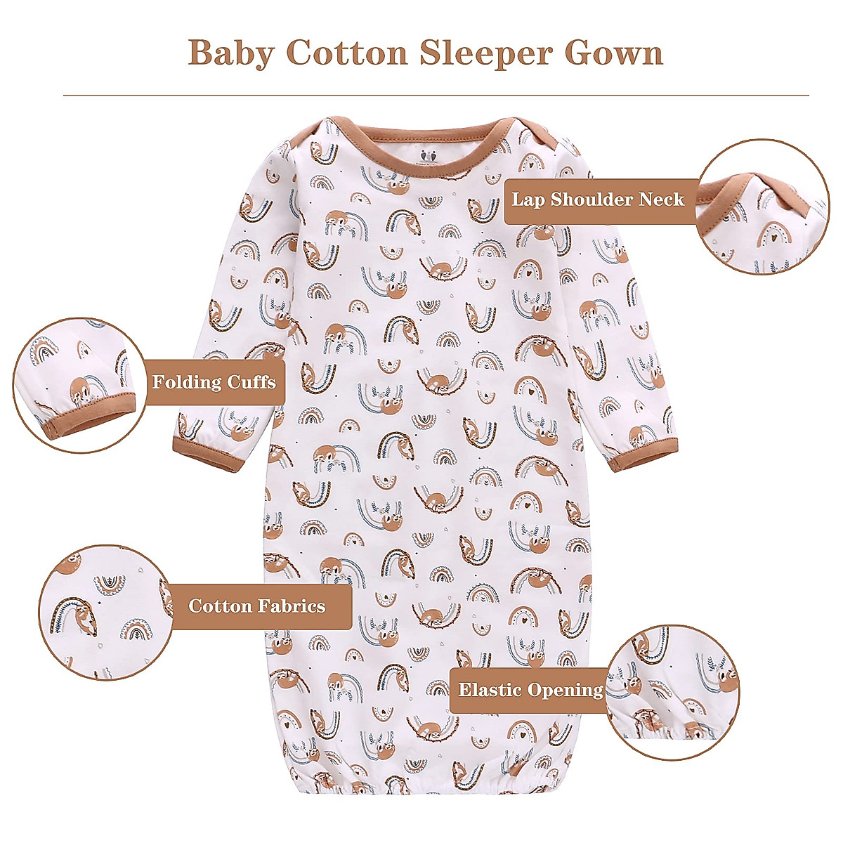 Baby Newborn Gown, 3 Packs Baby Sleeping Bag, Long Sleeve Sleep Sack, Cotton Cloths for Newborn Boys Girls 0-6 Months Pine Tree+wave+sloth