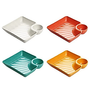 Hemoton Paper Plates 4Pcs Ceramic Dumpling Plate with Sauce Compartment, 7.2 * 7.2 inch Serving Plate with Sauce Holder, Chips and Salsa Plate, Serving Plate with Sauce Divider Platter Cheese Board