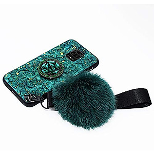 Case for Xiaomi Redmi Note 9 Pro Case Marble,Girls Women Glitter Rhinestone Diamond Bling Hybrid Hard PC Soft Rubber Silicone Cover Bumper Shockproof Protective Case & Furry Ball Ring Kickstand,Green