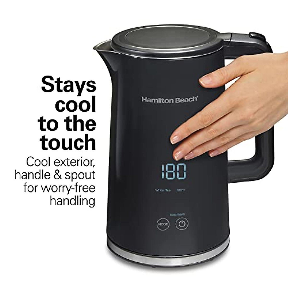 Hamilton Beach 41033 Digital Electric Tea Kettle, Hot Water Boiler & Heater 1.7 L, 5 Preset Modes + Keep Warm, Fast Boil 1500W, BPA Free, Cool-Touch Stainless Steel Exterior, Black