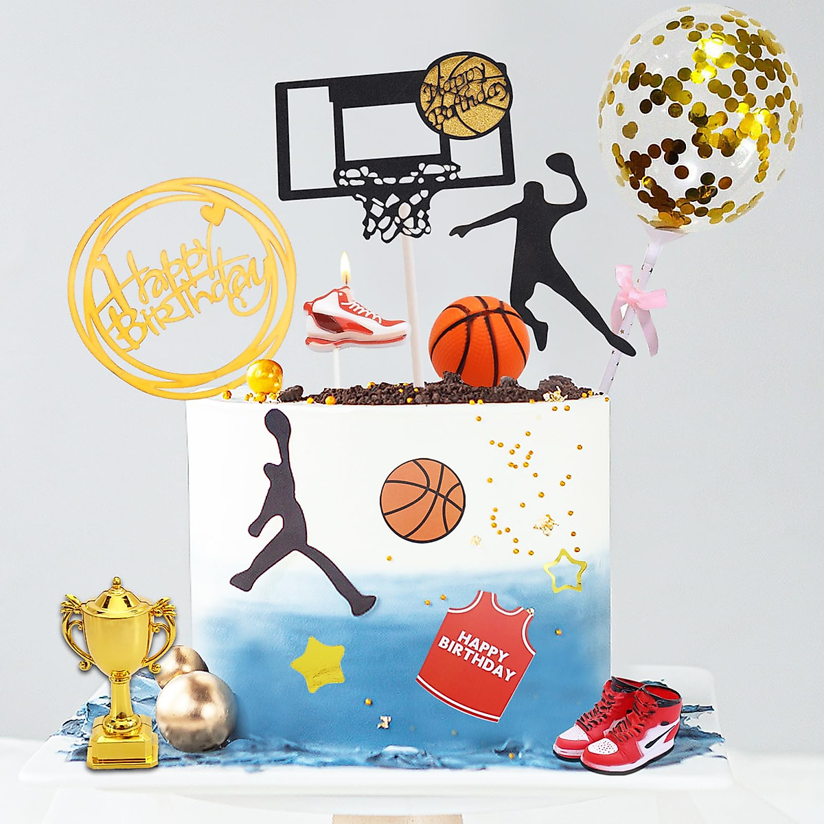 Vitalili Basketball Cake Topper, 34 Pcs 5.5'' Plastic & Paper Decorations, for Kids Boys Birthday Party Supplies, Realistic Design, Convenient Use, Fits for Cakes, Cupcakes, Home Party & More