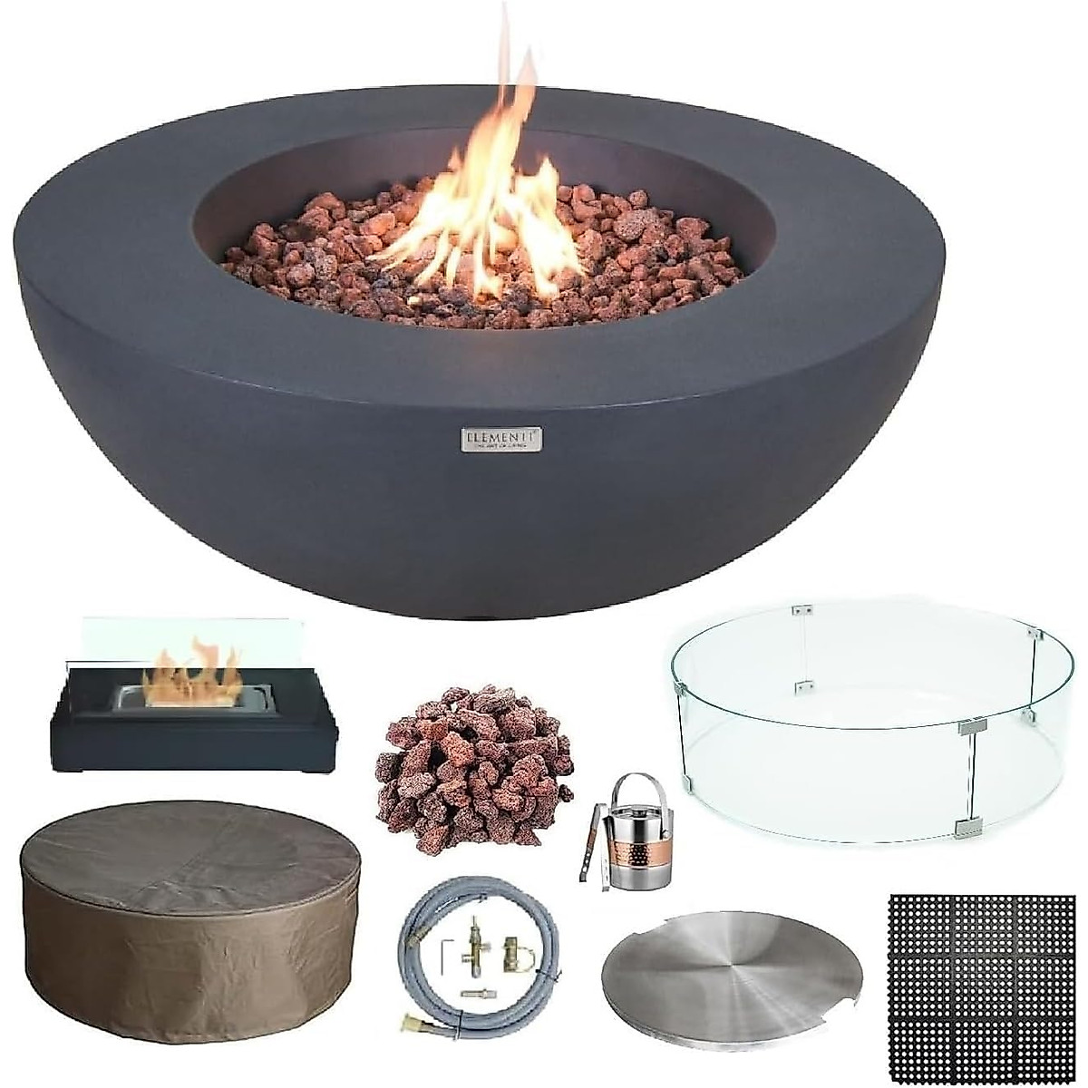 AMS Fireplace Elementi Lunar Bowl Cast Concrete Fire Table Bundle, Outdoor Fire Pit Fire TablePatio Furniture, Dark Gray (Natural Gas)