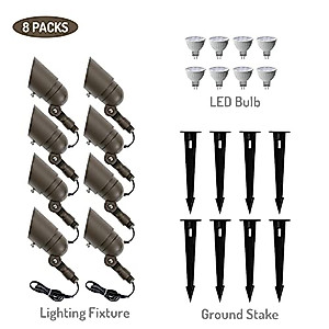 4W LED Landscape Lighting Landscape Lights Spotlights GL103-BZLED8 AC/DC 12V Low Voltage Warm White Waterproof for Driveway,Yard, Lawn,Patio,Walls,Trees,Flags,Outdoor Light (Bronze, 8 Pack)