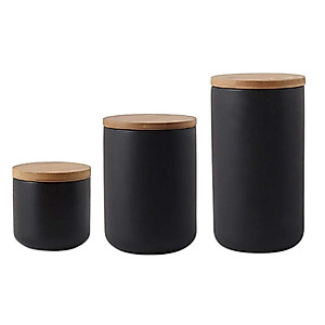 YYW Ceramic Jar with Lid, Kitchen Canisters Set with Airtight Seal Bamboo Lid, Black White Food Storage Canister for Tea, Coffee Bean, Sugar, Flour (Black：three piece)