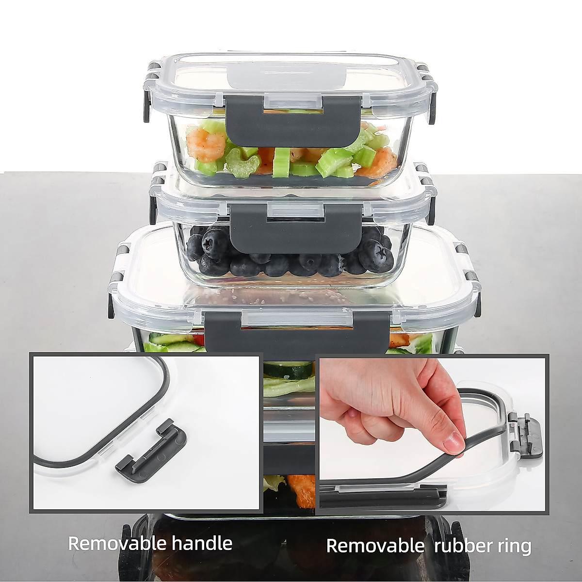 HAKEEMI 12 Pack Glass Storage Containers with Lids, Glass Meal Prep Containers Set, Airtight Food Storage Containers, Grey