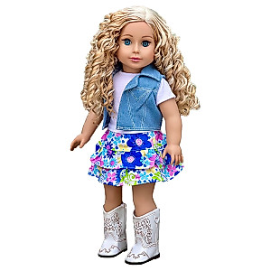 - Feeling Happy - 4 Piece Outfit - Skirt, White T-Shirt, Blue Jeans Vest and White Cowgirl Boots - Clothes Fits 18 Inch Doll (Doll Not Included)
