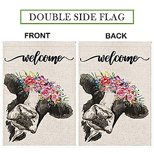 Spring Garden Flag Welcome Floral Crown Cow Garden Burlap Flag 12.5 x 18 Inch Vertical Double Sided Spring Summer Flags Outdoor Decorations Farmhouse Yard Home Decor