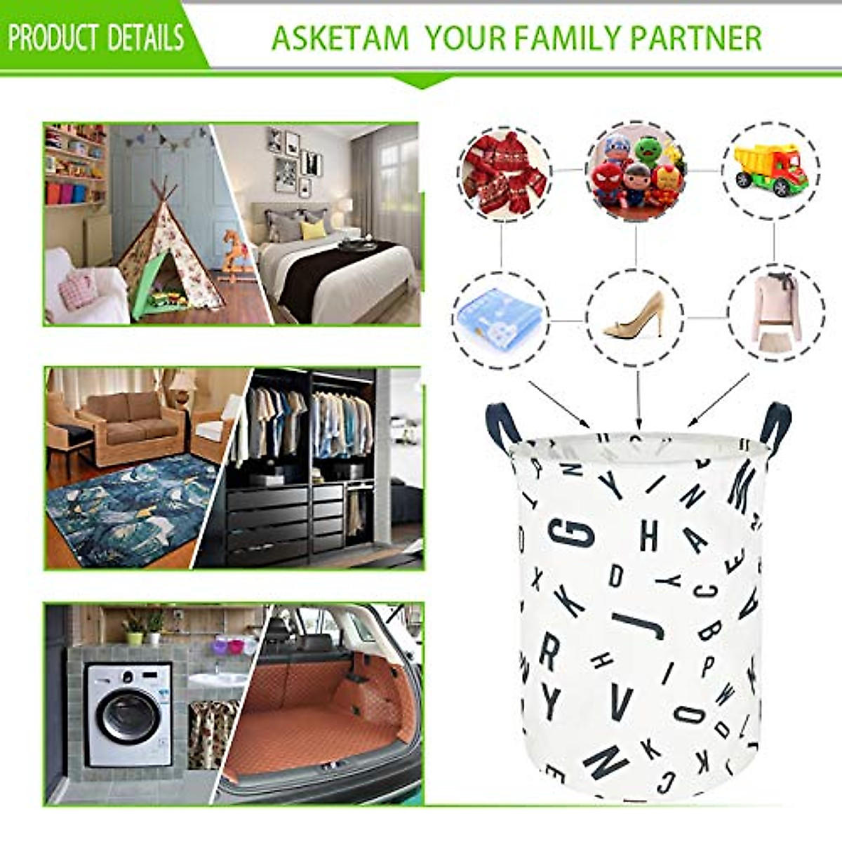 ASKETAM Fabric Laundry Basket Canvas Laundry Hamper for Dirty Clothes Toy Organizer Kid Nursery Room Decor Basket (letter)