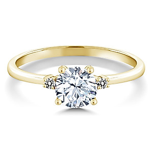 Gem Stone King 10K Yellow Gold White Created Sapphire and White Diamond Solitaire Engagement Ring For Women (1.23 Cttw, Round 6MM, Gemstone September Birthstone, Size 5)