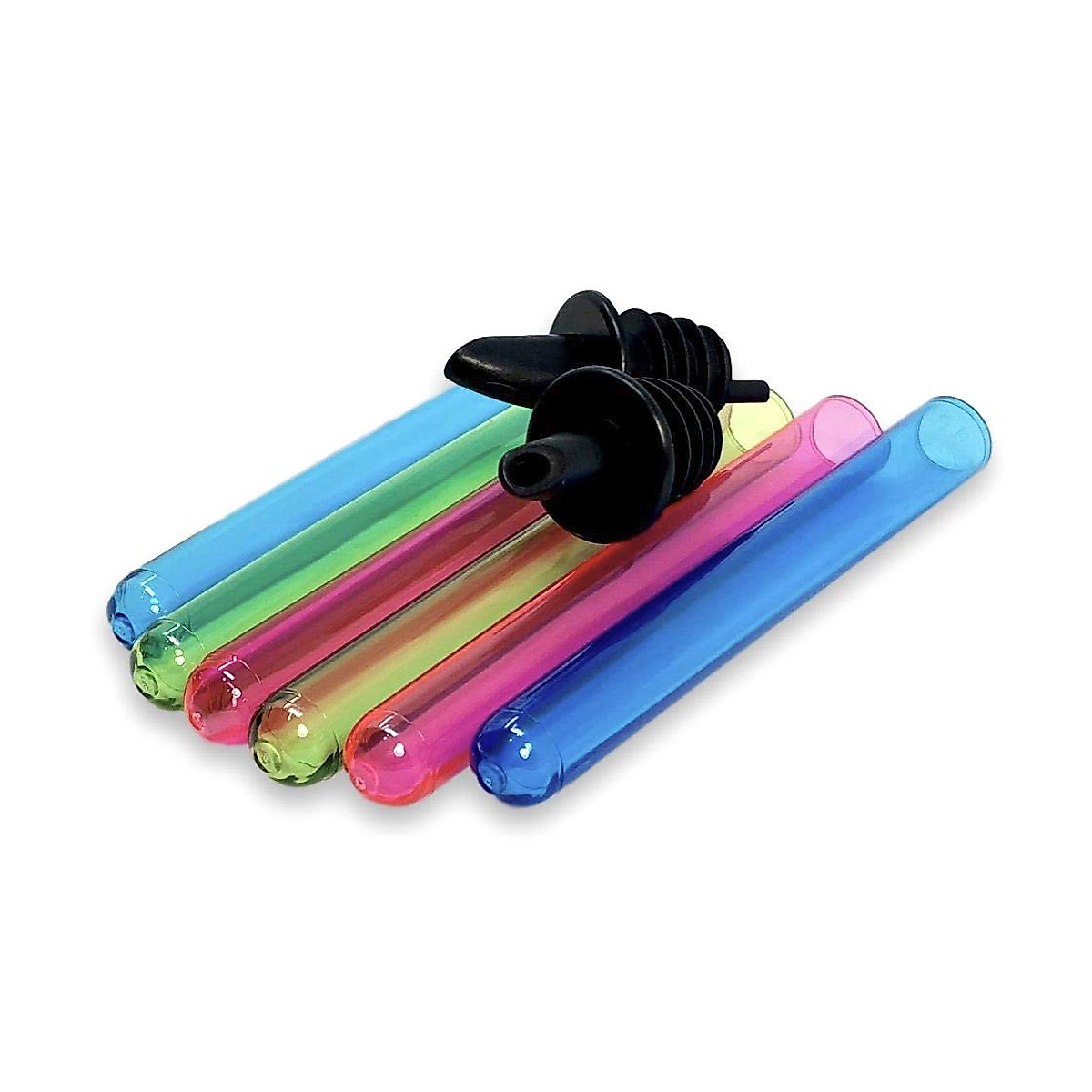 Desert Mercantile 24 Neon Test Tube Shot Glasses with 2 BONUS Liquor Pourers for Spill Free Pours for Bachelorette Parties, Bars, Pool Parties, Man-Caves, New Years Eve, and Holidays.