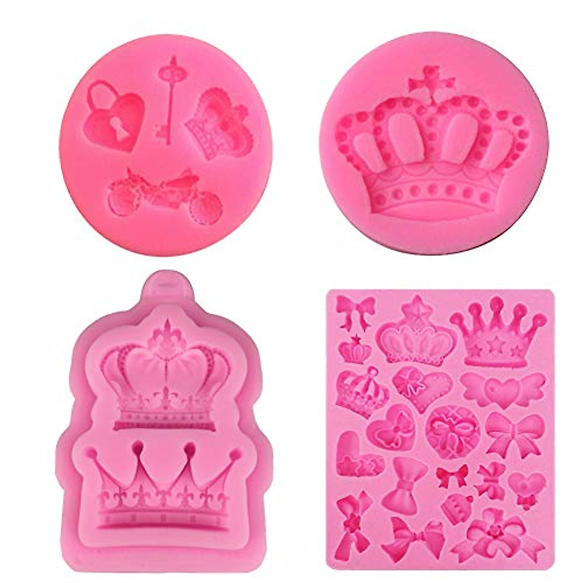 SIMUR 4 Pack Crown Fondant Candy Silicone Molds Bows Crown Heart Mold for Sugarcraft, Cake Decoration, Cupcake Topper, Chocolate, Pastry, Cookie Decor, Jewelry, Clay, Epoxy Resin, Crafting Projects