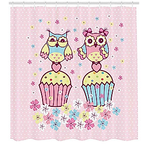 Ambesonne Owls Shower Curtain, 2 Owl Couples on Cupcakes Springtime Happiness Romantic Art, Cloth Fabric Bathroom Decor Set with Hooks, 69" W x 70" L, Pale Pink Sky Blue