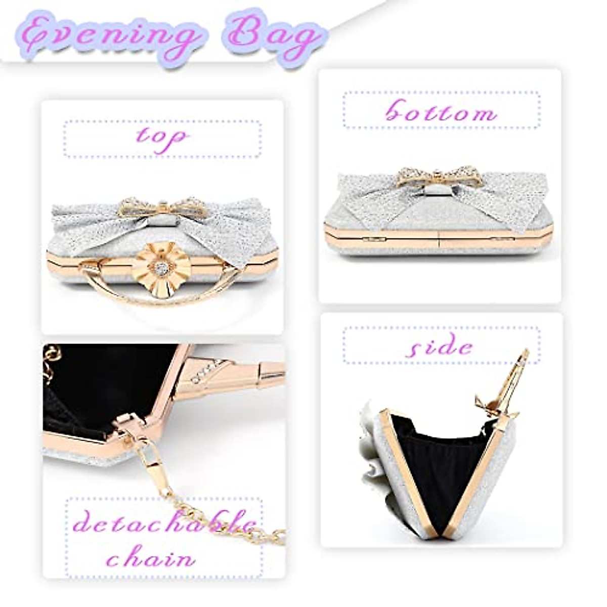 ELABEST Evening Clutch Bag Bowknot Ladies Party Handbag Bright Silver Crystal Purse Bow Design Shiny Bags For Bridal Wedding Cocktail Party (Silver)