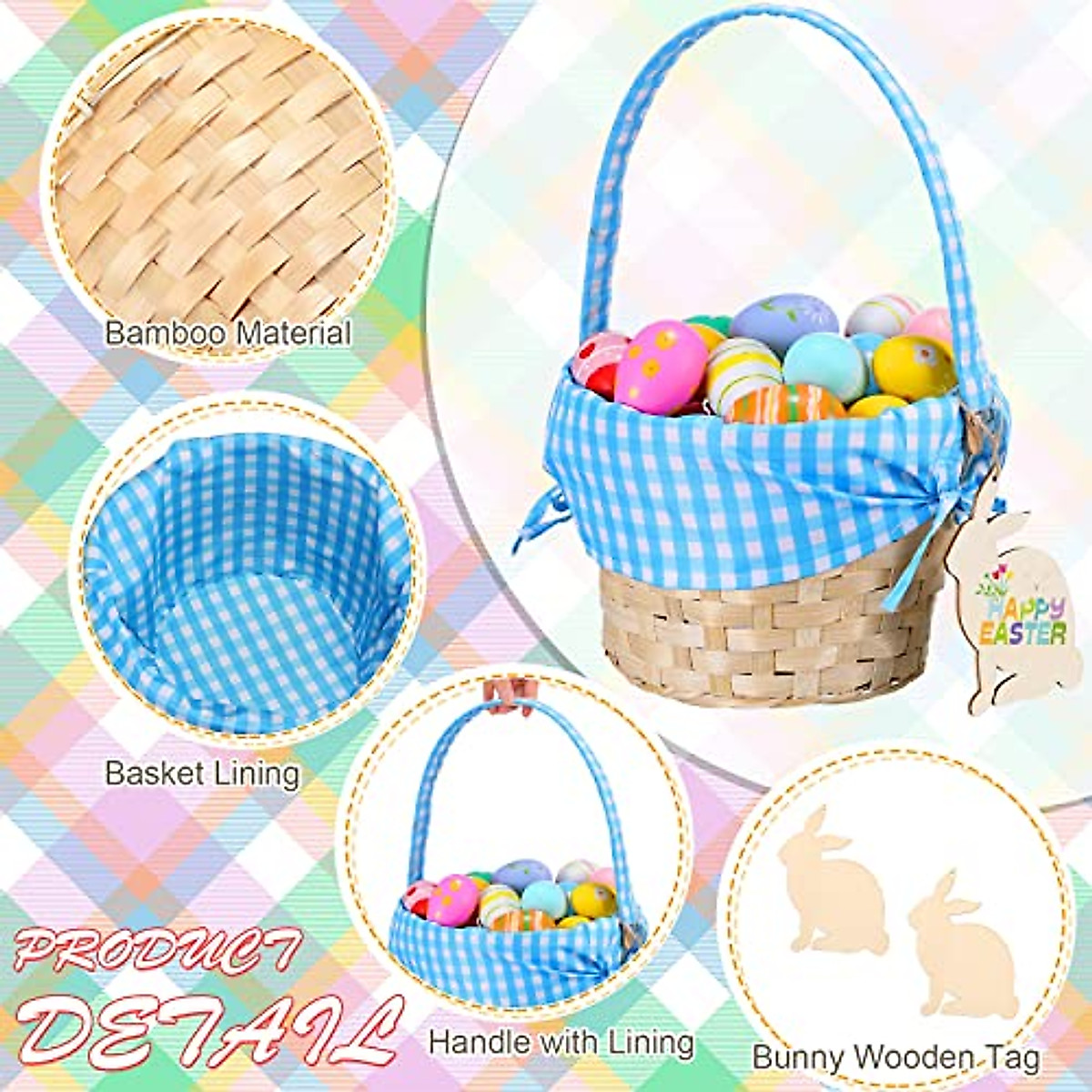 4 Pcs Easter Basket Picnic Basket Woven Basket with Handle Wooden Cute Baskets for Wood Basket Picnic Hamper Easter Eggs and Candy Basket with 4 Bags Lafite Grass 4 Pcs Rabbit Wood Chips (Plaid)
