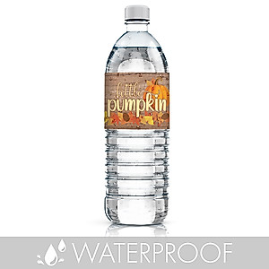 Rustic Fall Little Pumpkin Baby Shower Water Bottle Labels - Autumn Unisex Themed Waterproof Bottle Wrappers - 24 Count