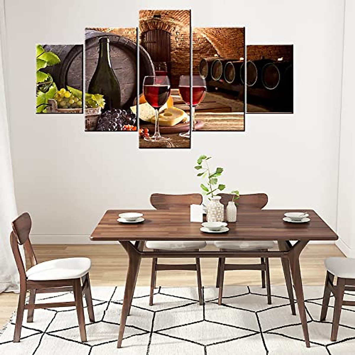 Fu-Keivy Wine Wall Art Decor for Kitchen Dining Room Grapes Fruit Canvas Wine Bottle Pictures 5 Piece Paintings Modern Artwork Decorations Cellar with Barrel and Glass Wooden Framed