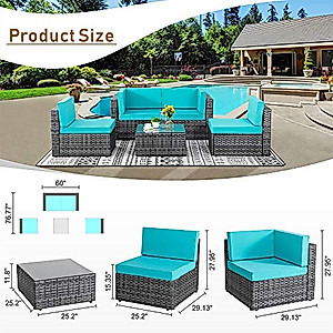 SUNLEI 5pcs Patio Outdoor Furniture Sets Conversation Set,Low Back All-Weather Rattan Sectional Sofa with Tea Table&Washable Couch Cushions(Silver Rattan)(Blue)
