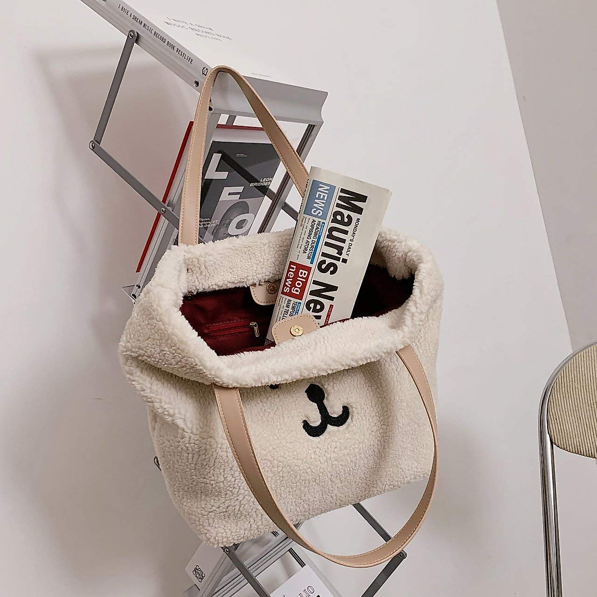 QTMY Faux Fur Tote Bag, Cute Bear Purse Handbag for Women (Light Brown)