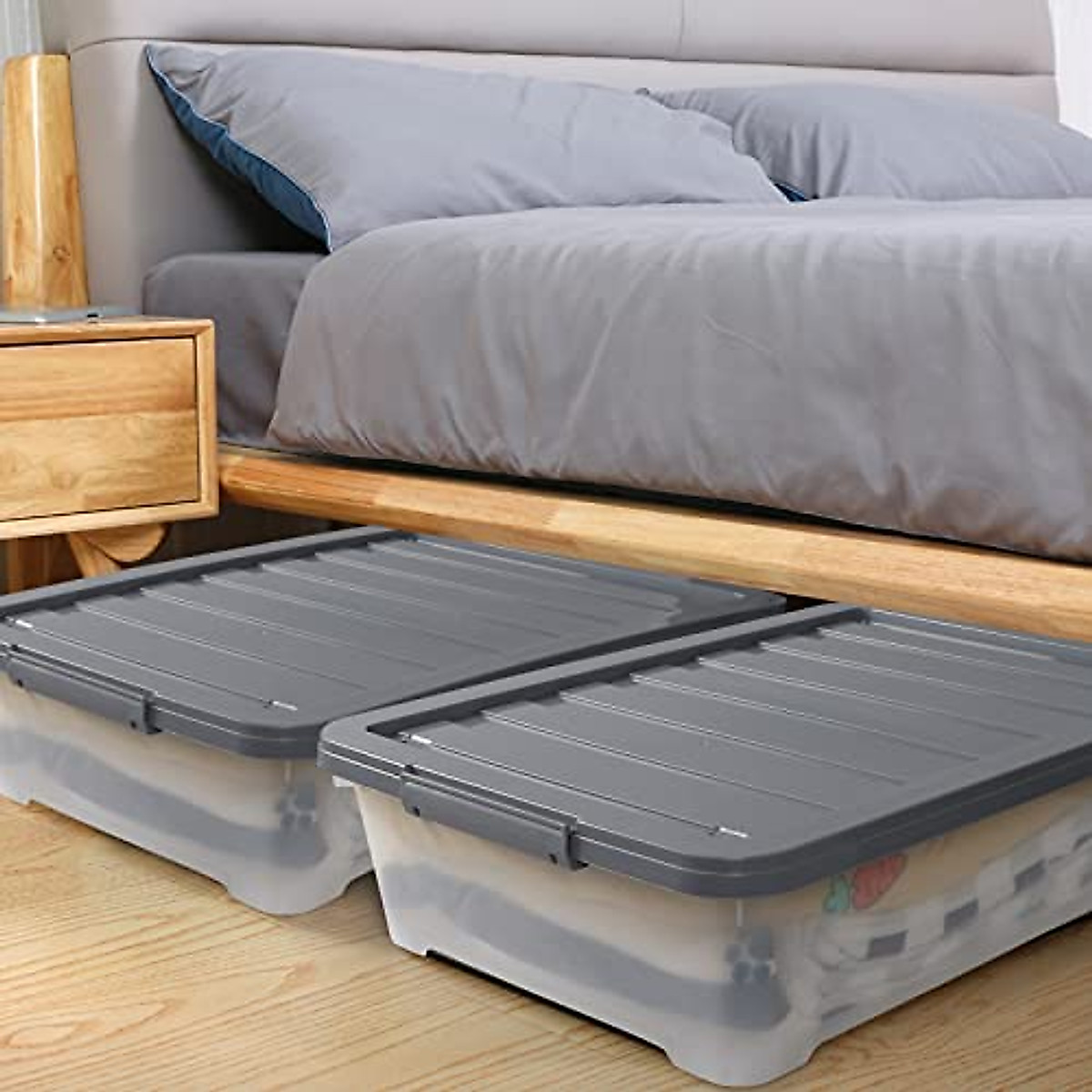 CadineUS 3-pack Large Plastic Under Bed Boxes with Wheels, Shallow Storage Tote Bins, 40 Quarts