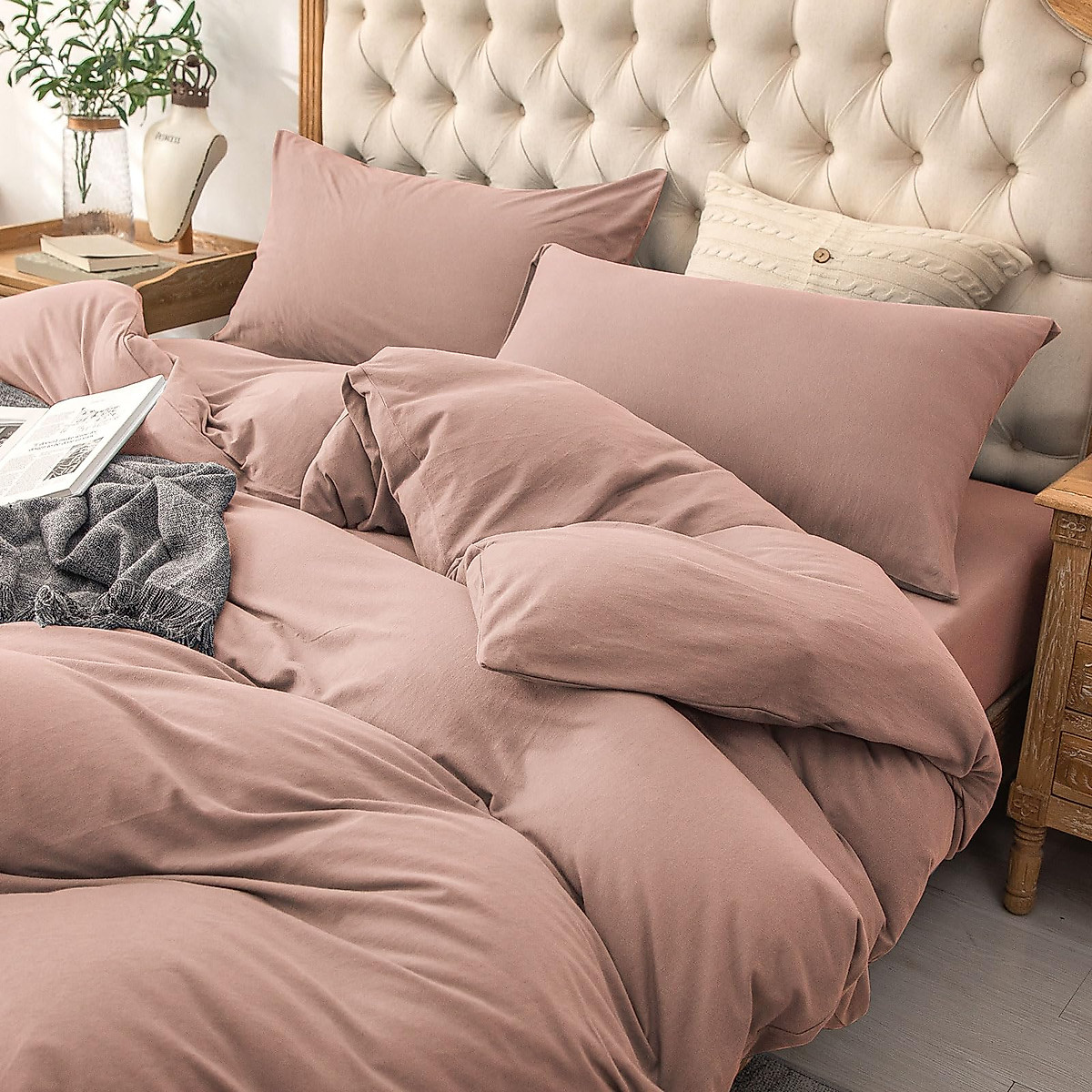 PURE ERA Jersey Knit Duvet Cover Set 100% T-Shirt Cotton Super Soft Comfy 3pc Bedding Set with Zipper Closure (New Petal Pink, King)