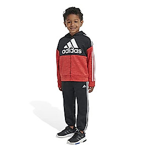 adidas Boys' Long Sleeve Color Block Mélange Fleece Jacket Set, Black Heather with Red, 4