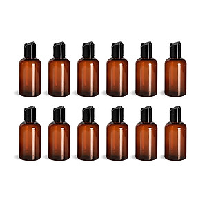 ljdeals 2 oz Amber PET Plastic Refillable Bottles with Black Disc Top Caps, Pack of 12, BPA Free, TSA Approved, Made in USA