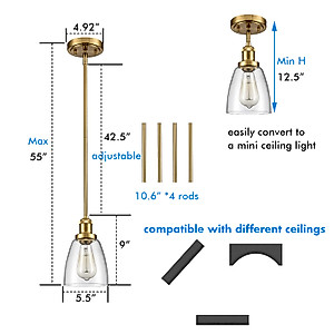 CLAXY Glass Pendant Lights Kitchen Island Mini Pendant Lighting Bell Shade Adjustable Rod Hanging Pendant Light Fixture Gold