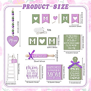 15 Pcs Mother's Day Tiered Tray Decor Happy Mother's Day Lavender Wood Signs Farmhouse Decorations Wooden Heart Bead Garland with LED String Lights for Mothers Gift Tabletop, Purple, Green
