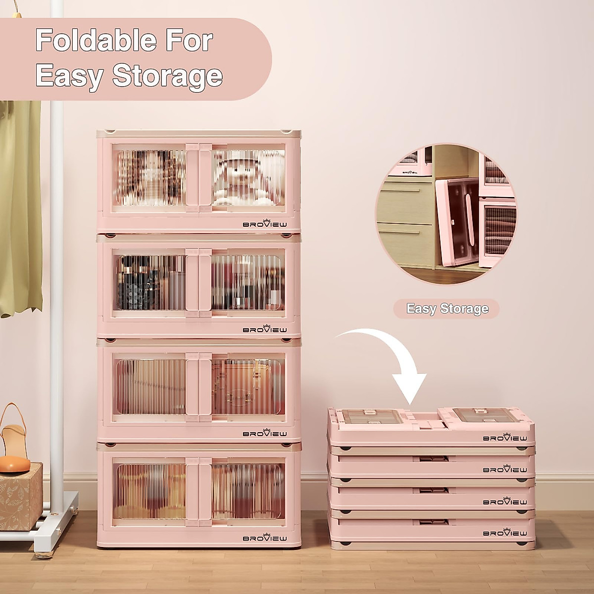 BROVIEW 32qt Pink Storage Bins with Lids for Women Girls Lady, Pink Closet Organizers and Storage, 3 Pack Pink Stackable Collapsible Plastic Storage Bins with Lids for Hat Bag Dressing Table Dorm Room