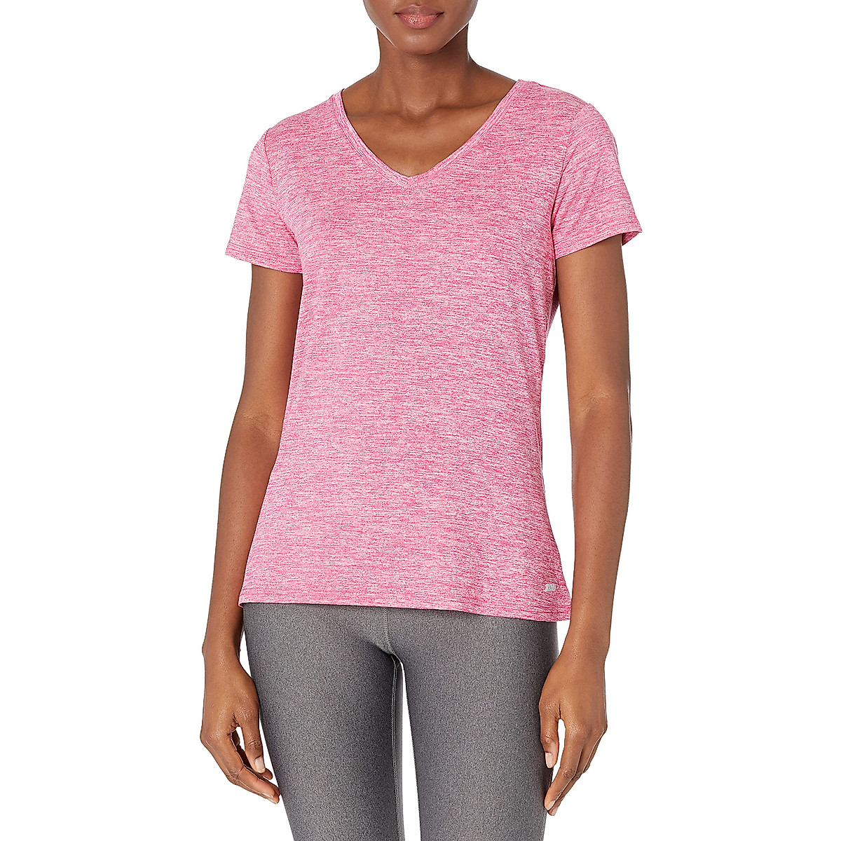 Amazon Essentials Women's Tech Stretch Short-Sleeve V-Neck T-Shirt (Available in Plus Size), Pack of 2, Charcoal Heather Space Dye/Raspberry Red Space Dye, X-Large
