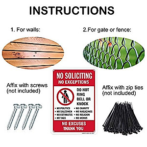 No Soliciting Sign, Funny Decor for House Door Office Business Yard,Metal Aluminum Rust Free, No Excuses, No Exceptions Do Not Ring Bell No Knock Sign - 7" x 9.8", Pre-Drilled Holes, Weather Resistant