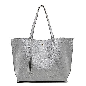 Kbinter Women's Soft Leather Tote Shoulder Bag, Big Capacity Tassel Handbag Women Large (Silver)