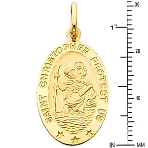 GM Fine Jewelry 14k Yellow Gold Religious Saint Christopher Medal Charm Pendant with 1.5mm Flat Open Wheat Chain Necklace - 16"
