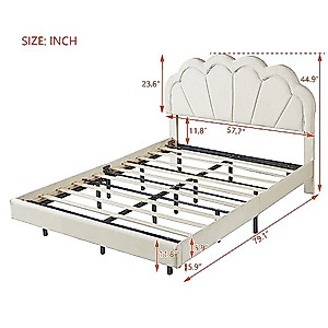 Velvet Upholstered Full Bed Frame with Smart LED and Elegant Flowers Headboard, Platform Bed with Wooden Slats Support for Kids, Boys, Girls, Teens, Adult, No Box Spring Needed (Beige, Full)