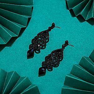 Flyonce Rhinestone Crystal Wedding Art Deco Floral Chandelier Dangle Earrings for Women Black Black-Tone