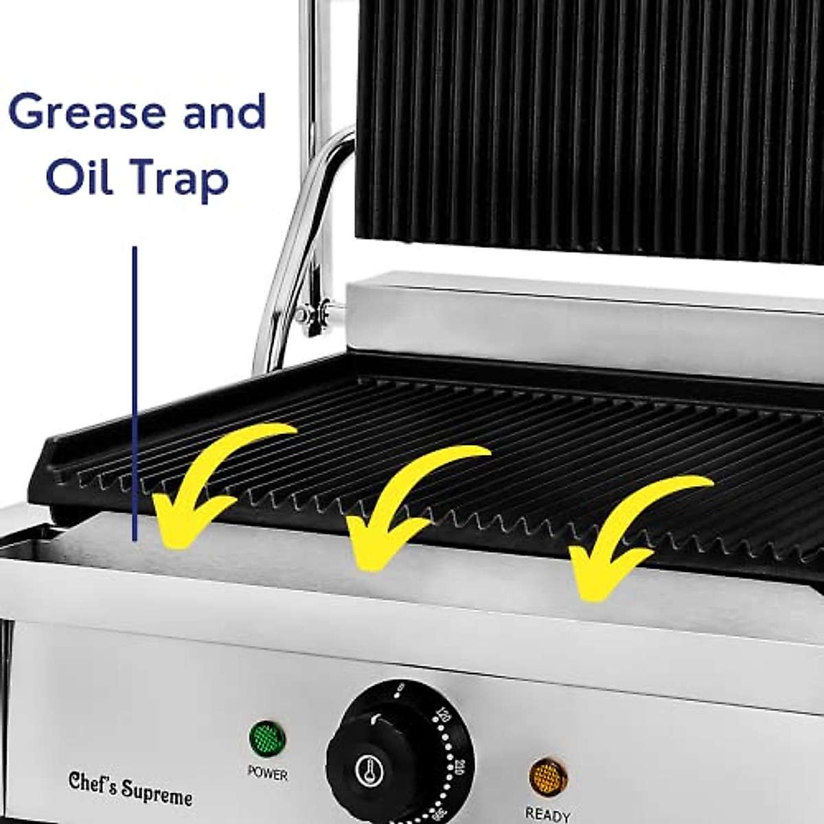 Chef's Supreme Commercial Panini Grill, 14" x 9" Non Stick Grooved Plates, 120V 2200W, 120F - 570F Heat Control, Perfect for Sandwiches, Burgers, Steaks and More