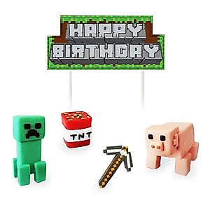 5 Pixel Cake Toppers cake decoration Set Birthday party decoration for kids Pixel Miner Party supplies