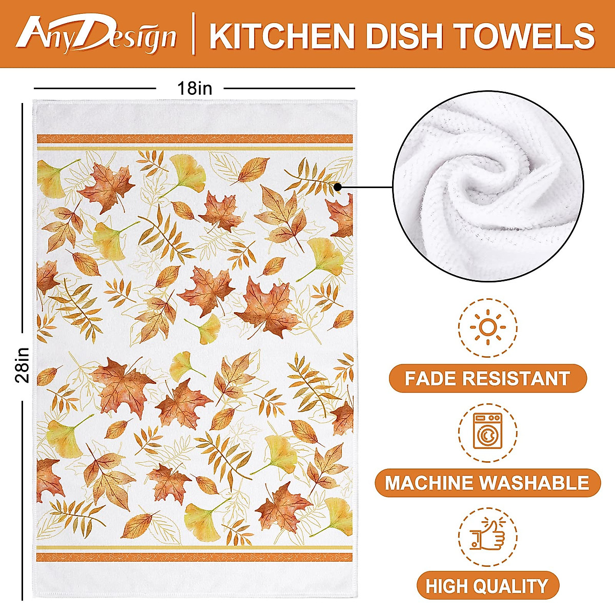 AnyDesign Fall Kitchen Dish Towel 18 x 28 Inch Autumn Leaves Tea Towel Rustic Maple Leaves Dishcloth Farmhouse Hand Drying Cloth Towel for Holiday Kitchen Cooking Baking, 2 Pack