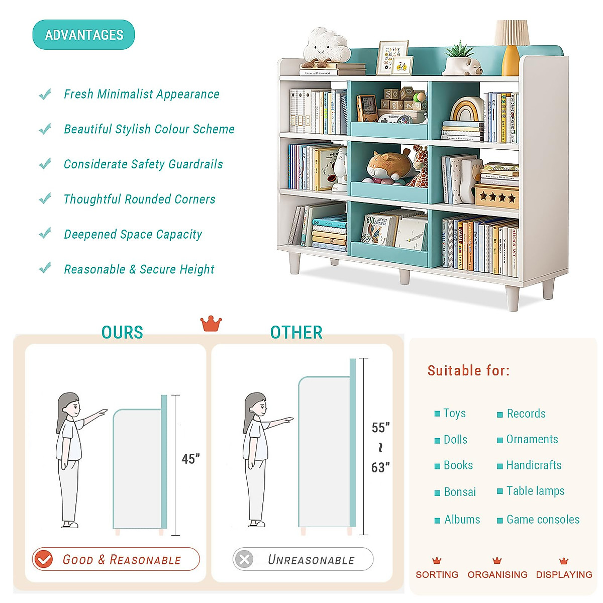 NELYE Wooden Cube Bookcase with Legs - 3-Tier Open Shelf Kidsroom Sorted Storage Cabinet Organizer for Books and Toys, 9-Cube Lattice Cute Cubby Bookshelf in White Mixed Westlake Blue, 55" W