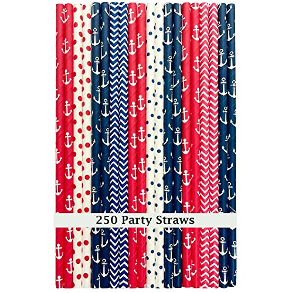 Bulk Anchor Nautical Theme Paper Straws - Navy Blue Red and White Party Supplies - 250 Pack Outside the Box Papers Brand