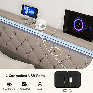 IKIFLY Upholstered Queen Size Headboard with LED Lights & 2 USB Ports - Adjustable Height - Button Tufted Linen Fabric Padded Headboard, Easy Assembly, Queen Headboard Only for Bedroom - Light Brown