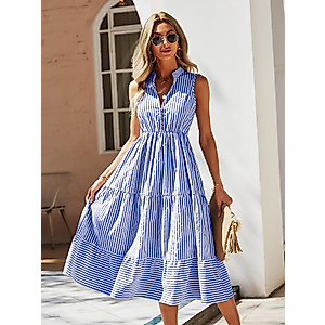 Floerns Women's Striped Print Notched Neck Sleeveless Ruffle A Line Midi Dress Blue and White XL