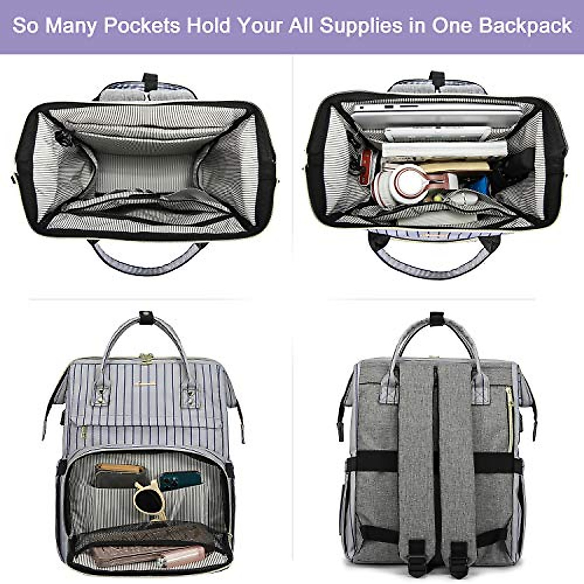 LOVEVOOK Backpack Women Laptop Bag Plait Laptop Backpack Computer Bag Work Bag Backpack Purse with USB Charging Port and Luggage Strap,All Stripe Grey